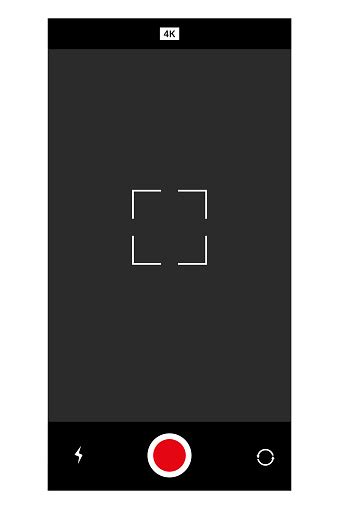 스마트 폰 카메라 인터페이스 모바일 응용 프로그램의 비디오 및 사진 녹화 화면에 전화를 표시하는 응용 프로그램 검은 화면의 뷰 파인더 인터페이스 버튼 벡터 가정용 캠코더에