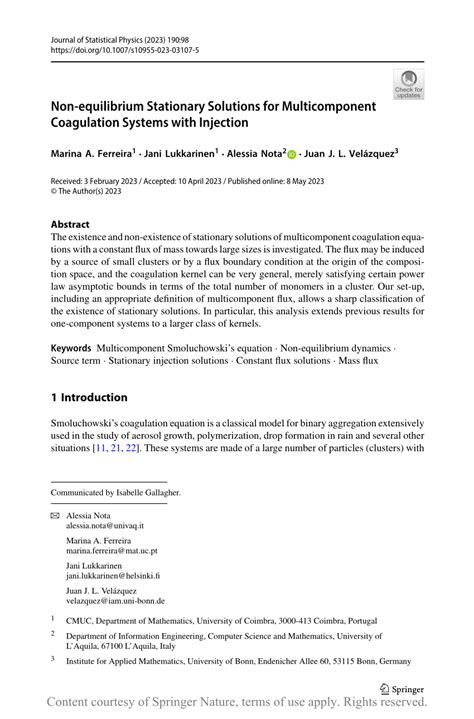 Pdf Non Equilibrium Stationary Solutions For Multicomponent Coagulation Systems With Injection