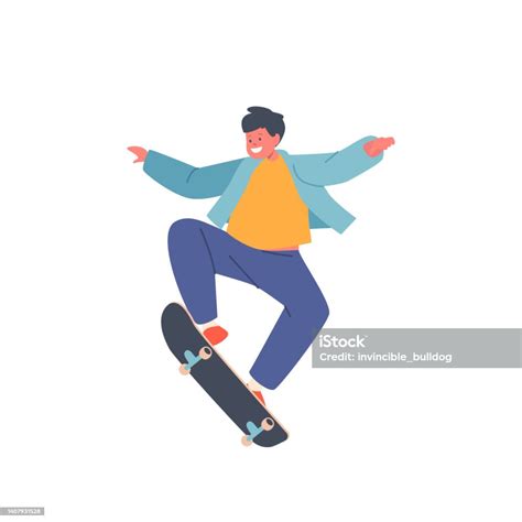 스케이트 보드에서 뛰어 내리는 현대 의류의 어린 소년 스케이트 보더 키즈 남성 캐릭터 스케이트 파크에서의 야외 활동 스케이트보드 타기에 대한 스톡 벡터 아트 및 기타 이미지