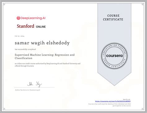 completed supervised machine learning course samar wagih posted on