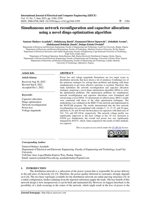 Pdf Simultaneous Network Reconfiguration And Capacitor Allocations Using A Novel Dingo