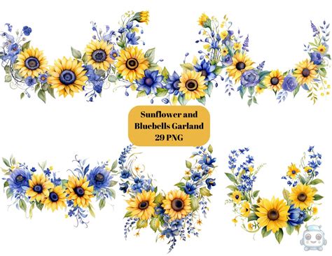 29 Sunflower And Bluebell Garlands Watercolor Clipart Garland Clipart
