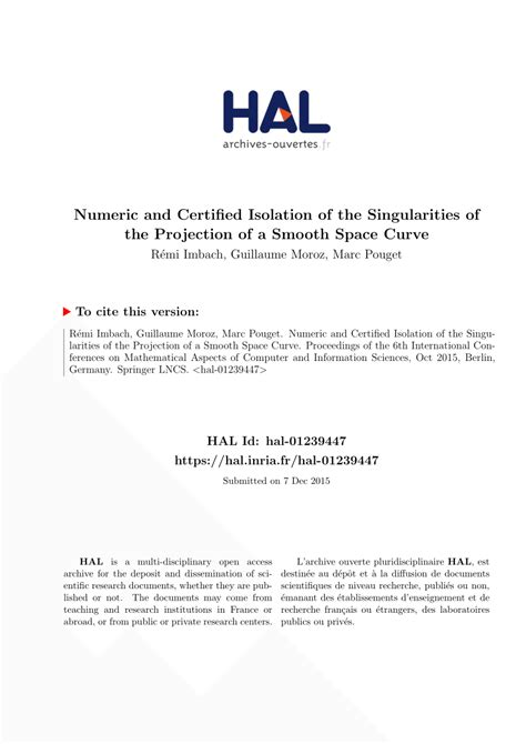 Pdf Numeric And Certified Isolation Of The Singularities Of The Projection Of A Smooth Space Curve