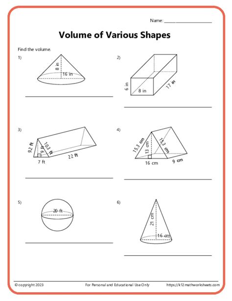 Volume And Surface Area Of Various Shapes K12 Math Worksheets