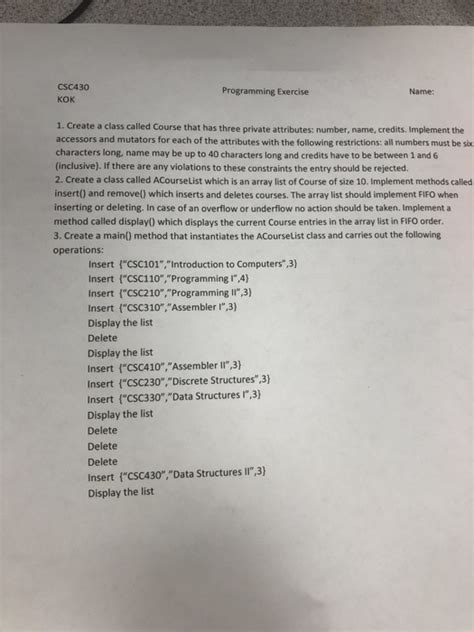 Solved CSC430 KOK Programming Exercise Name 1 Create A Chegg
