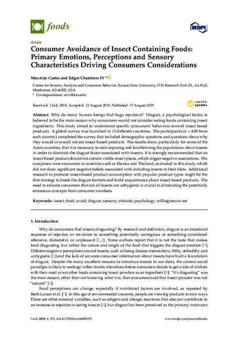 Pdf Consumer Avoidance Of Insect Containing Foods Primary Emotions Perceptions And Sensory