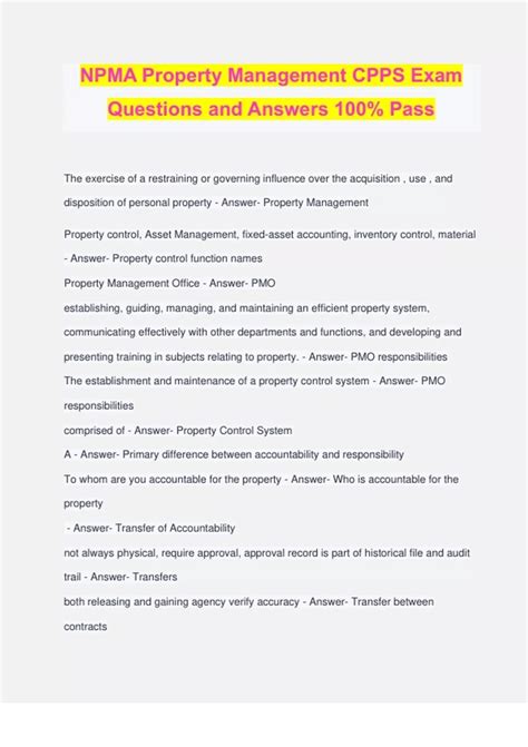 NPMA Property Management CPPS Exam Questions And Answers Pass CPPS Stuvia US