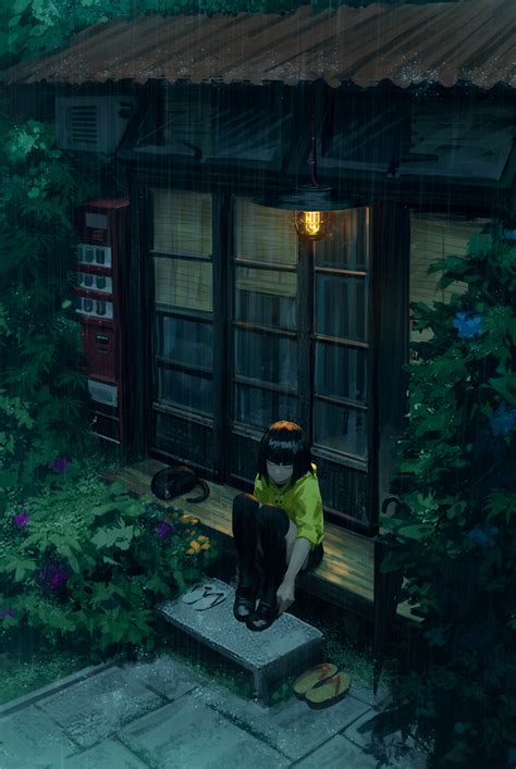 Guweiz Original Black Footwear Highres 1girl Black Hair Black Thighhighs Blunt Bangs Cat