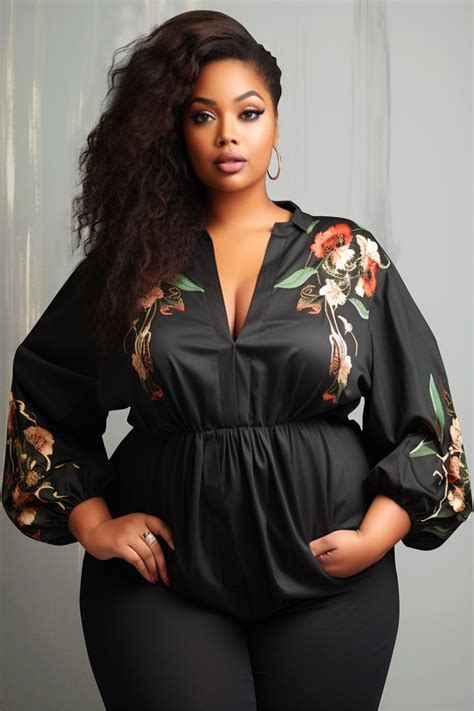 Xpluswear Design Plus Size Business Casual Black Floral V Neck Lantern