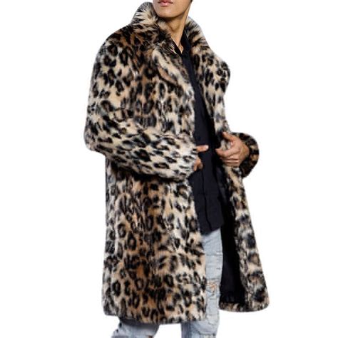 Us7554 Mens Winter Warm Leopard Faux Fur Coat Suit Collar Mid Long