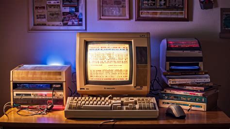 a nostalgic front view of a retro computer setup in a teenag by