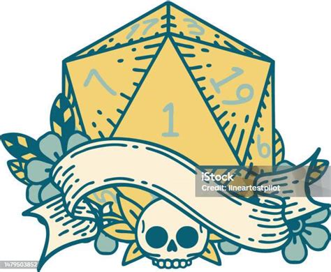 Gaya Tato Retro Alami Satu Dadu Lempar Dadu D20 Alami Ilustrasi Stok Unduh Gambar Sekarang