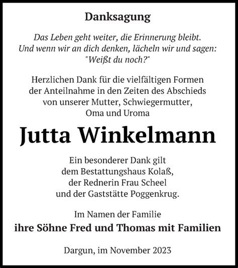 Traueranzeigen Von Jutta Winkelmann Trauer Nordkurier