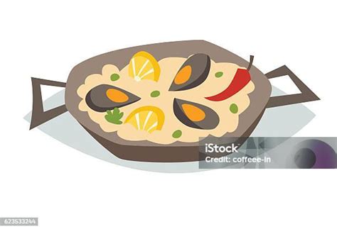 해산물 벡터 일러스트레이션이 있는 빠에야 전통 스페인 음식 발렌시아 자치 정부에 대한 스톡 벡터 아트 및 기타 이미지