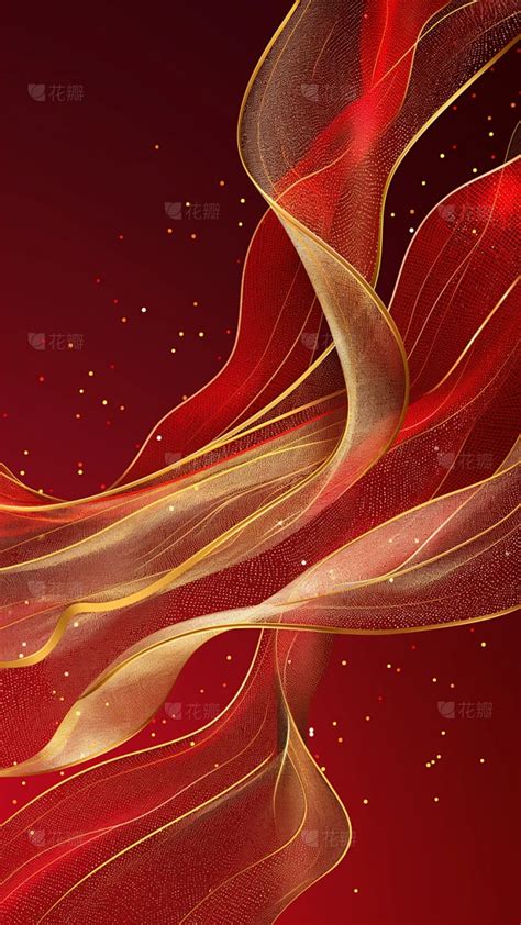 背景系列插画风红金色纱绸感光粒子背景素材 花瓣网