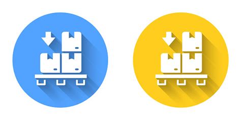 긴 그림자 배경으로 격리 된 팔레트 아이콘에 흰색 골판지 상자 깨지기 쉬운 표지판이있는 닫힌 판지 배달 포장 상자 서클 버튼입니다 벡터 그림자에 대한 스톡 벡터 아트 및