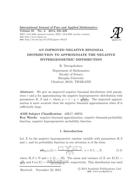 Pdf An Improved Negative Binomial Distribution To Approximate The Negative Hypergeometric