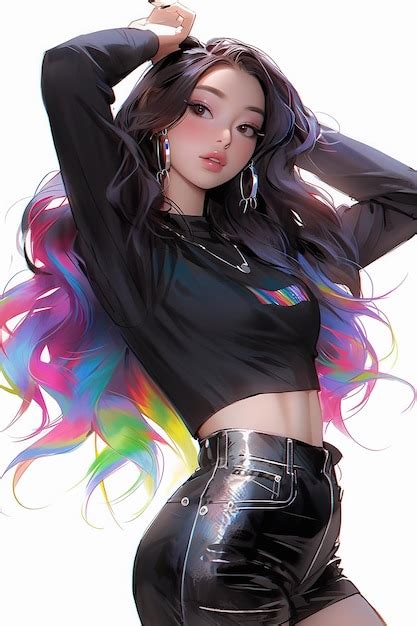 Premium Ai Image Girl In Black With Rainbow Hair