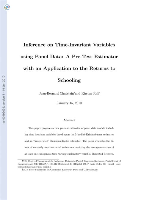 Pdf Inference On Time Invariant Variables Using Panel Data A Pre