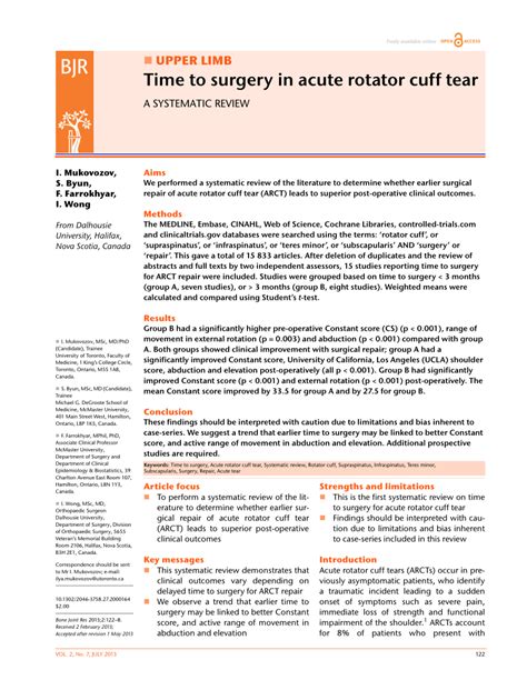 Pdf Time To Surgery In Acute Rotator Cuff Tear A Systematic Review