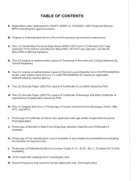 Table Of Contents Bfp Pdf