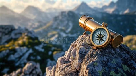 Telescope And Compass On A Peak Symbolizing Exploration And Focus Stock