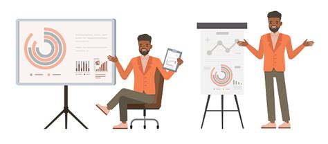 사무실 남자의 집합은 주황색 정장 캐릭터 벡터 디자인을 착용합니다 다양한 행동으로 프리젠 테이션 사무실 계획 사고 및 경제 분석에서 일하는 사람들 감독에 대한 스톡 벡터