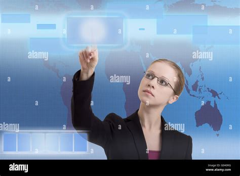 Future Business Solutions Business Woman Operating Interface Stock Photo Alamy