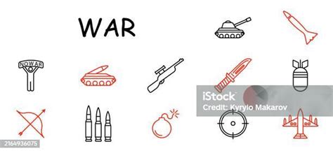 전쟁 세트 아이콘입니다 시위자 탱크 소총 칼 미사일 폭탄 목표물 비행기 화살 총알 폭발 국방 목표에 대한 스톡 벡터 아트 및 기타 이미지 Istock