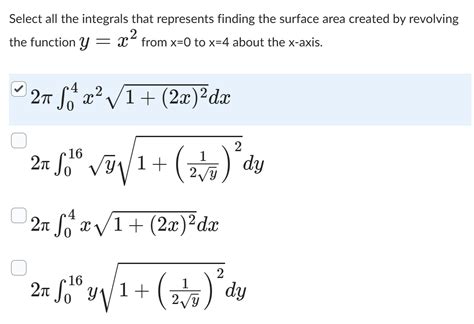 solved select all the integrals that represents finding the
