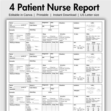 4 Patient Report Sheet Printable And Editable Nurse Brain Sheet Nursing