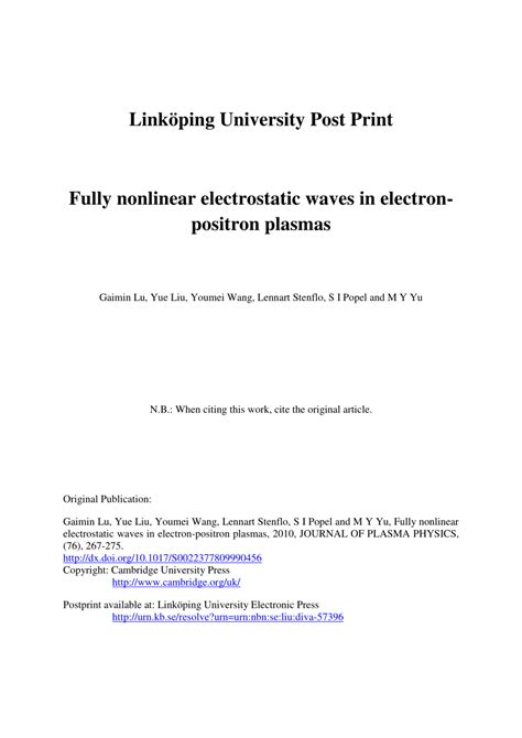 Pdf Fully Nonlinear Electrostatic Waves In Electron Positron Plasmas