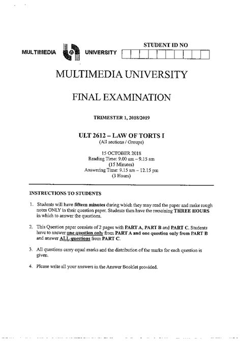 Past Year 2018 2019 Law Of Torts I Studocu