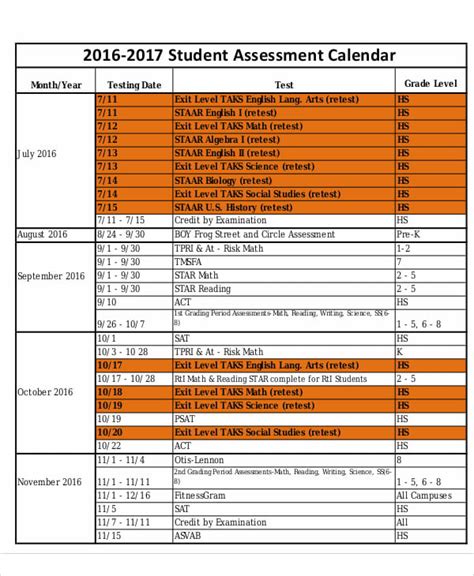 Assessment Calendar Templates Seller Offering Evaluation And