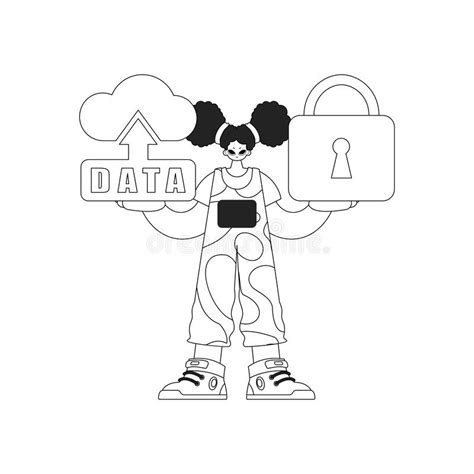 Girl Holds Logo For Cloud Based Internet Of Things Line Art Style Stock Vector Illustration