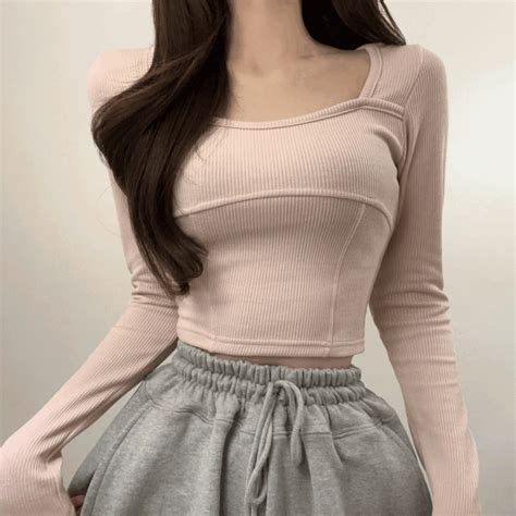 개미허리봄신상 쫀쫀 골지 스퀘어넥 크롭 긴팔티 3color 에이블리