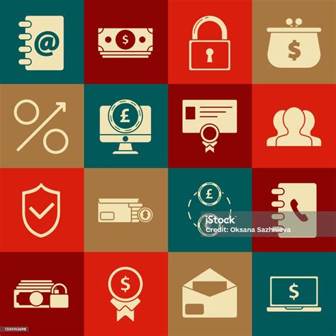 달러 기호 주소록 사용자 그룹 잠금 컴퓨터 모니터 파운드 스털링 백분율 화살표 및 인증서 템플릿 아이콘으로 랩톱을 설정합니다 벡터 교환에 대한 스톡 벡터 아트 및 기타