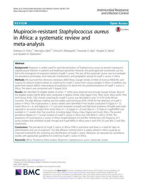 Pdf Mupirocin Resistant Staphylococcus Aureus In Africa A Systematic