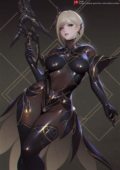 Sade Abyss Nier Series Nier Reincarnation Highres Girl Black Bodysuit Blonde Hair Blue