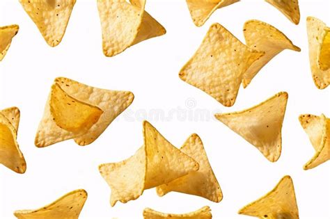 Multiple Crispy Triangular Chips Falling Against A White Background