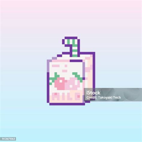 픽셀 아트 딸기 우유 아이콘 8 비트 벡터 스티커 또는 복고풍 90 년대 게임 스타일의 귀여운 딸기 우유 상자의 미소 모자이크 트렌디 펑키 픽셀 우유와 짚 기호 상자에 대한