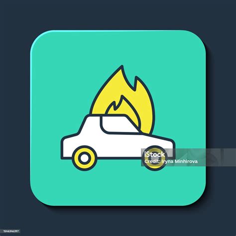 채워진 윤곽선 불타는 자동차 아이콘은 파란색 배경에 분리되어 있습니다 불타는 차 화재와 연기로 뒤덮인 고장난 자동차 청록색 사각형 버튼 벡터 가득 찬에 대한 스톡 벡터 아트
