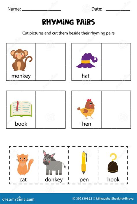 Find Rhyming Pairs Educational Worksheet Cut And Paste Stock Vector
