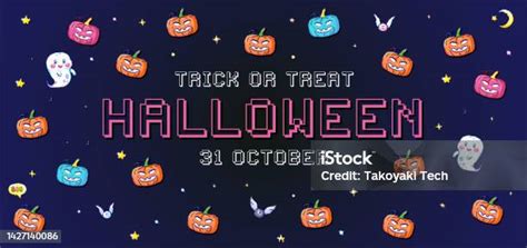 복고풍 픽셀 아트 8 비트 괴짜 스타일의 할로윈 배경 배너 픽셀 호박 및 유령 포스터 또는 판매 또는 파티 이벤트를위한 웹 프로모션 배너 픽셀 아트 할로윈 귀여운 벡터