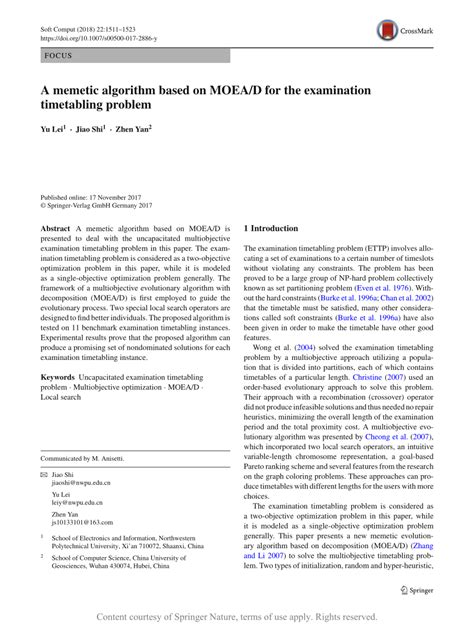 A Memetic Algorithm Based On Moead For The Examination Timetabling Problem Request Pdf