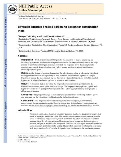 Pdf Bayesian Adaptive Phase Ii Screening Design For Combination Trials