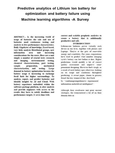 Predictive Analytics Of Lithium Ion Battery For Optimization And