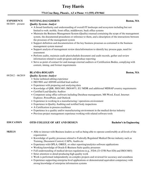 Quality Systems Analyst Resume Samples Velvet Jobs