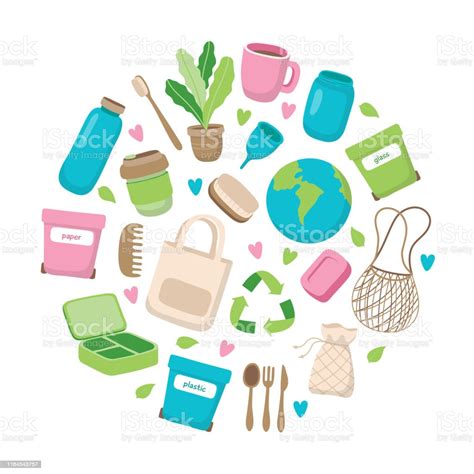 원형 프레임의 다른 요소와 제로 폐기물 개념 그림 지속 가능한 라이프 스타일 생태 개념 만화 스타일의 벡터 일러스트레이션 0에 대한 스톡 벡터 아트 및 기타 이미지 Istock