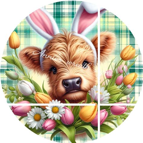 Highland Cow Springtime Round Metal Wreath Sign Easter Eggs Flowers